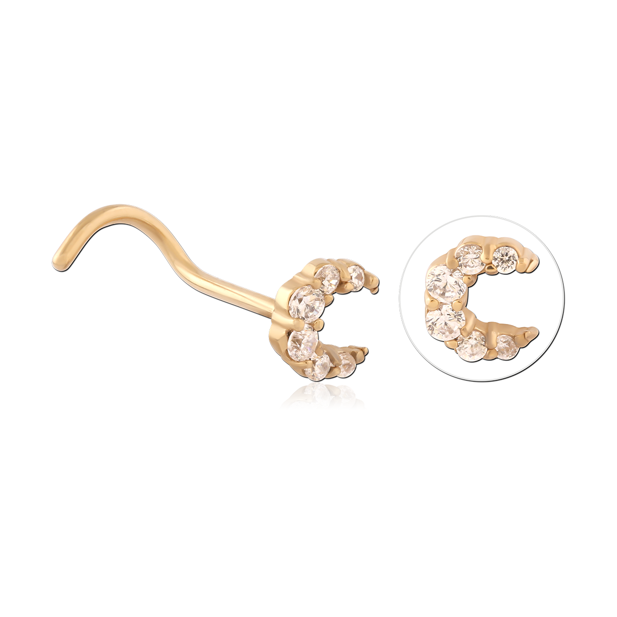 GOLD PVD 18K COATED SURGICAL STEEL CURVED NOSE STUD CRESCENT GEM