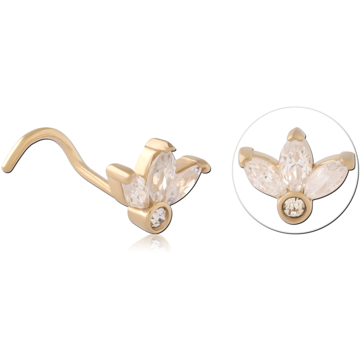 GOLD PVD 18K COATED SURGICAL STEEL CURVED NOSE STUD TRIPLE MARQUISE AND ...